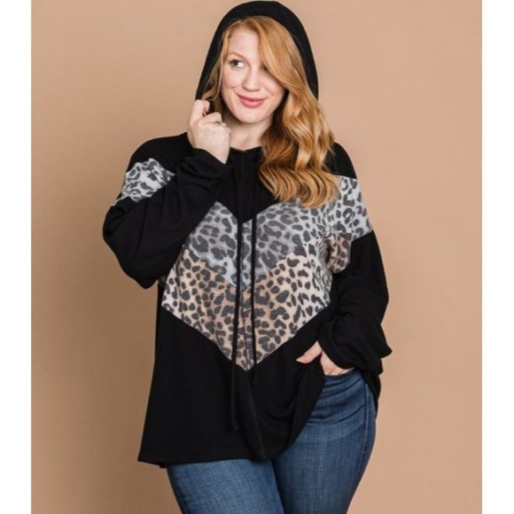 Tops | Nwot Black Animal Print Hacci Brushed Color Block Hoodie Top ...